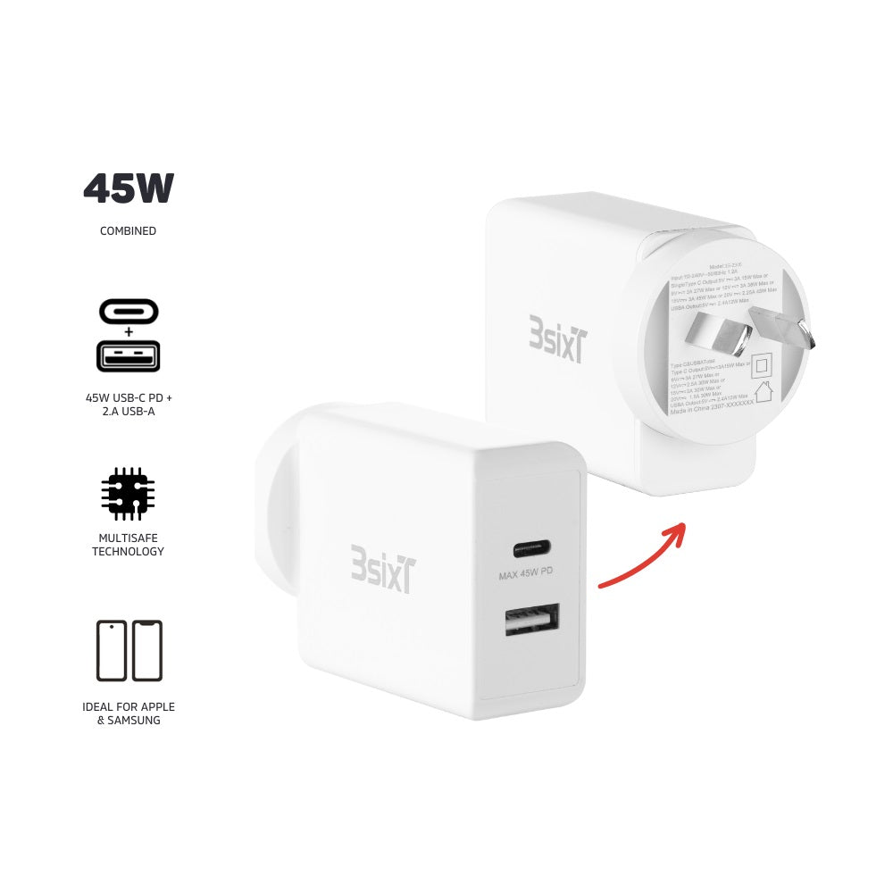 3SixT ANZ 45W USB-C PD + 2.4A Wall Charger - White– 3sixT Gear