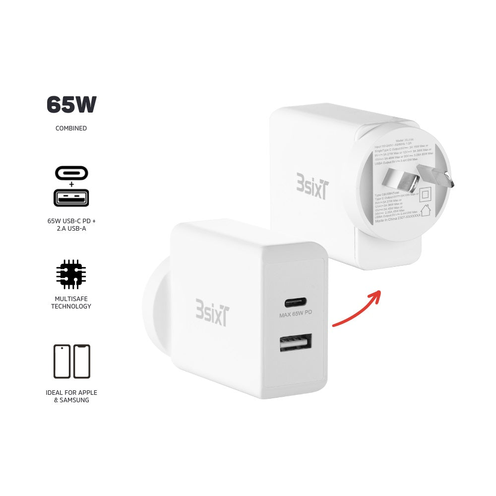 3sixT ANZ 65W USB-C PD + 2.4A Wall Charger - White– 3sixT Gear
